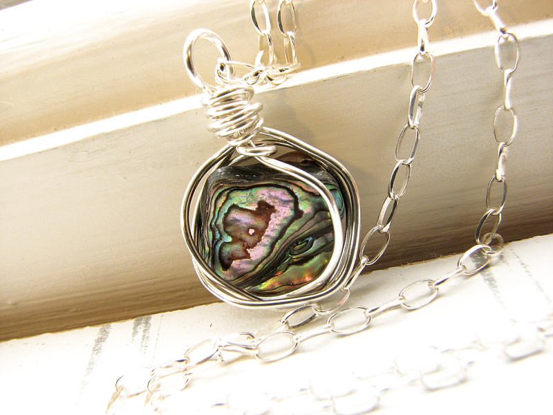 Paua Shell Necklace - Abalone Pendant, Sterling Silver Wire Wrapped ...