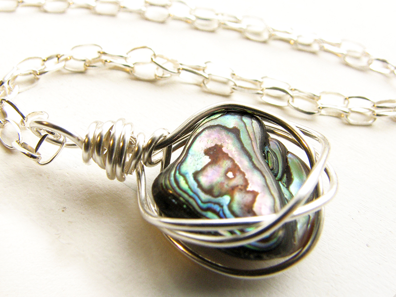 Paua Shell Necklace - Abalone Pendant, Sterling Silver Wire Wrapped ...